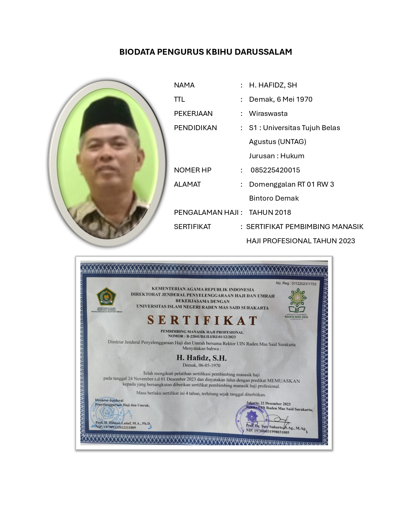Biodata Pengurus KBIHU Darussalam - demakmu.com